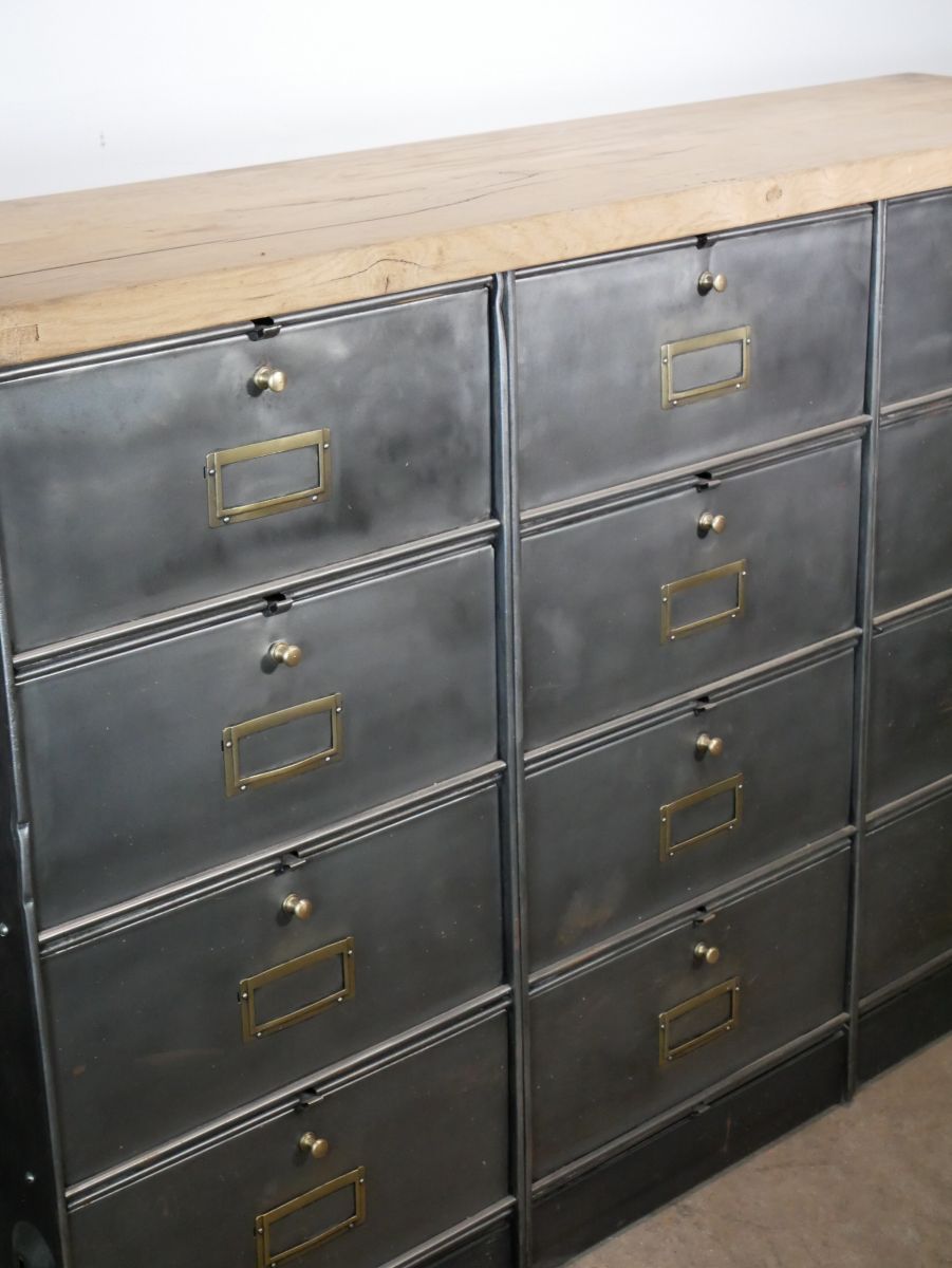 meuble clapets console 12 casiers industriel Roneo plateau chene massif laiton